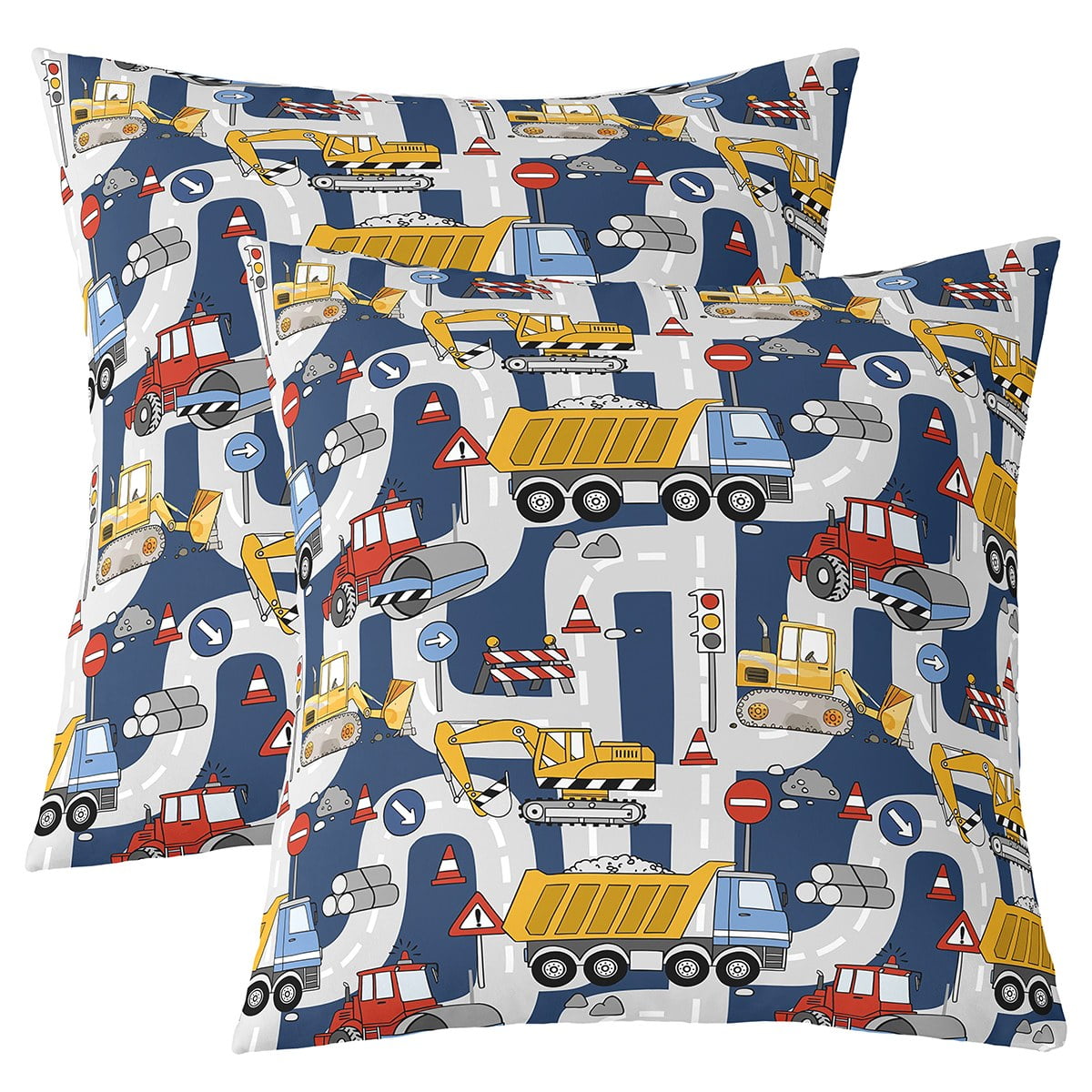 Pack Of 2 Boys Construction Pillow Covers 20x20 Inch Equipment Truck Cushion Cases For Kids ...