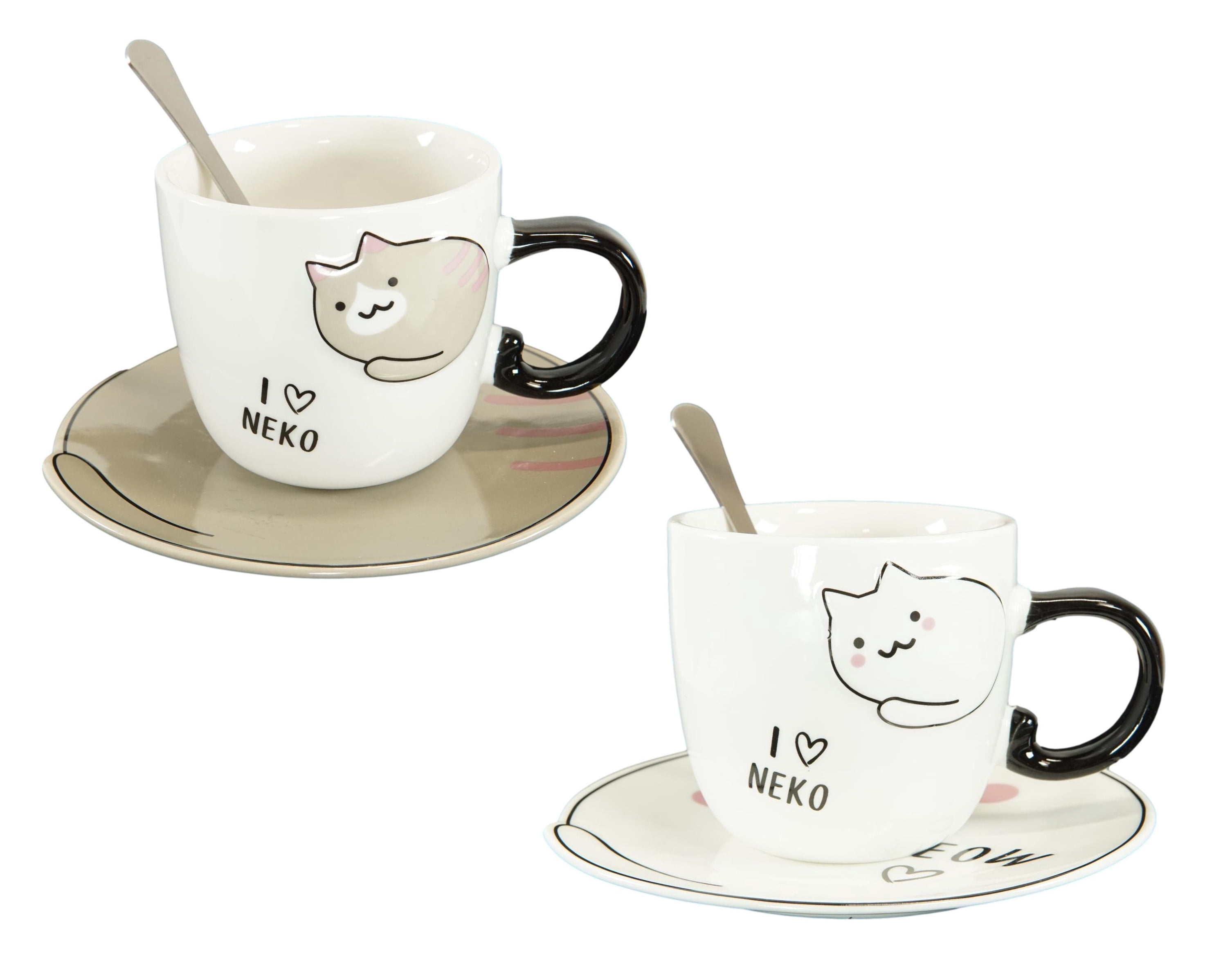 Pack Of 2 Brown And White Maneki Neko Cat Mugs 8oz With Saucer ...