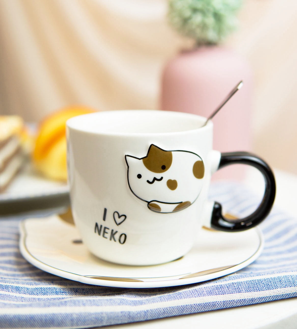 Pack Of 2 Calico Spotted Maneki Neko Cat Mugs 8oz With Saucer And ...