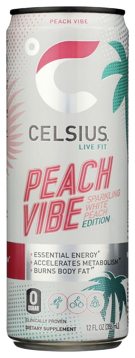 CELSIUS Sparkling Peach Vibe Functional Energy Drink, 12 Fl Oz, Pack of ...