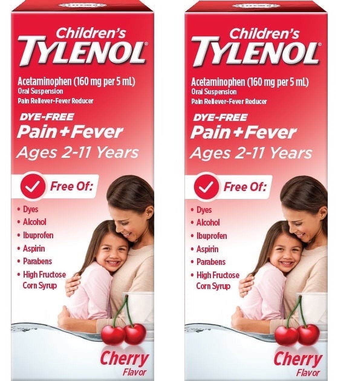 Pack Of 2 Children's Tylenol Suspension for Ages 2-11 Dye-Free Cherry ...