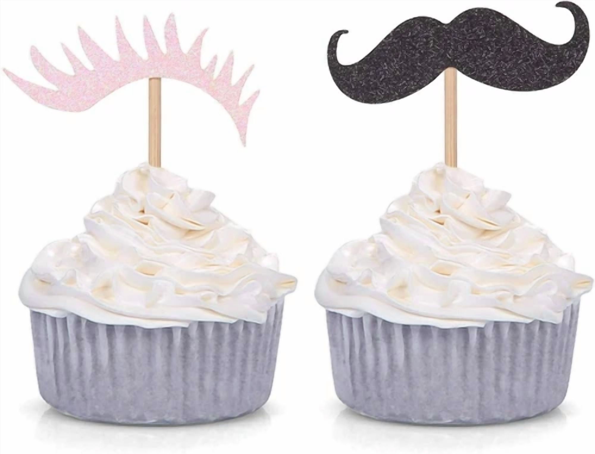 Pack Of 24 Staches Or Lashes Gender Reveal Cupcake Toppers Glittery ...