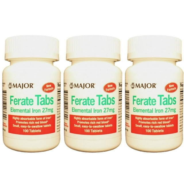 ( Pack Of 3 ) MAJOR FERATE ELEMENTAL IRON 27MG TAB FERROUS GLUCONATE-27 ...