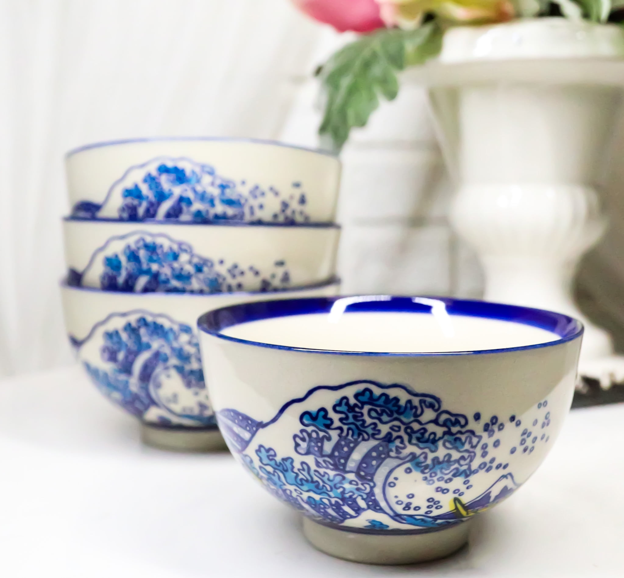 Pack Of 4 Blue Japanese Hokusai Great Wave Design Ceramic Thick Rice ...