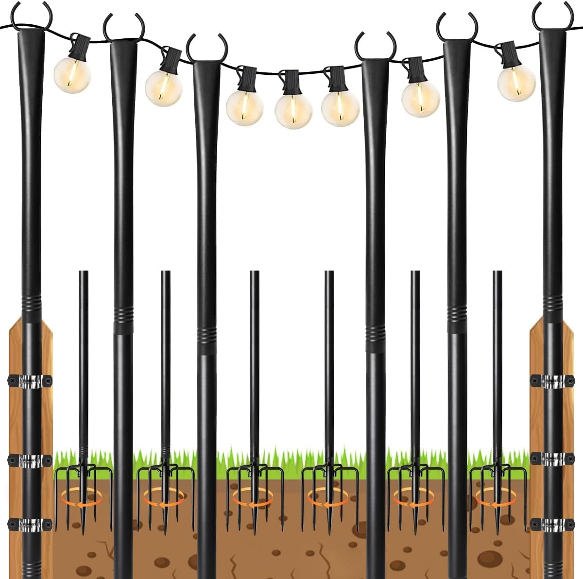 Pack String Light Poles for Outside, 10ft Heavy-Duty Metal Light Poles ...