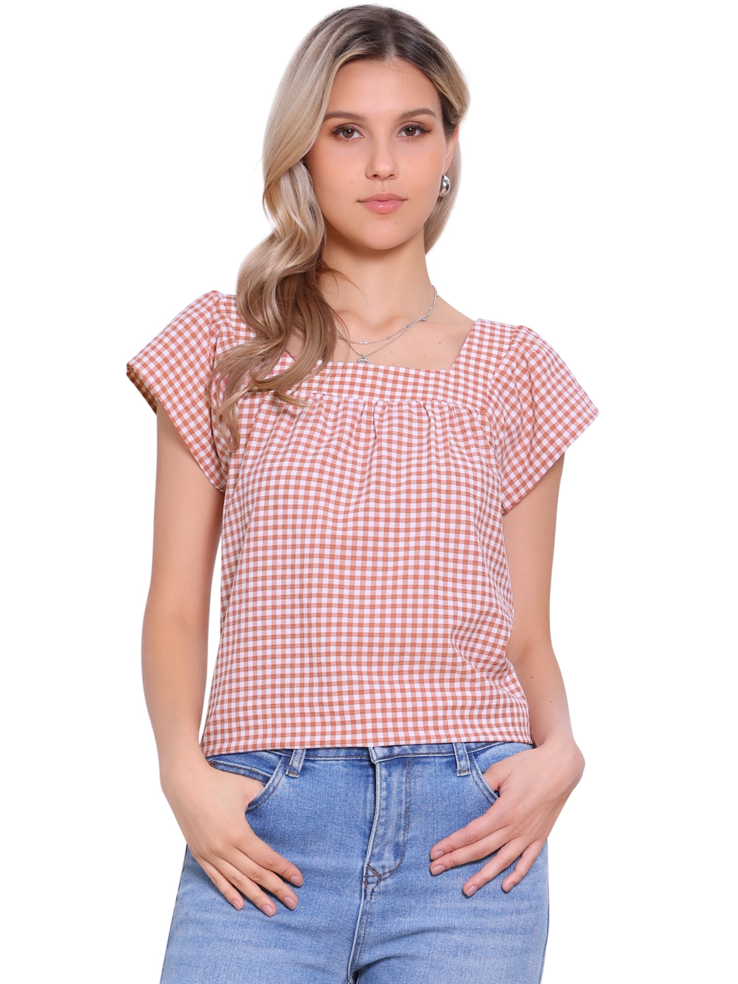 DARING DIVA Women's Square Neck Gingham Tops Sleeveless Blouses L Cameo ...