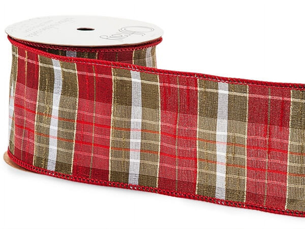 Pack of 1, Deep Red & Olive Green Plaid Wired Ribbon, 2-1/2" x 10 Yards ...