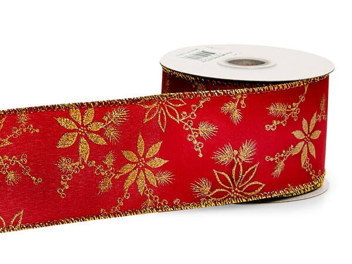 Pack of 1, Poinsettia Red and Gold Wired Ribbon, 2-1/2" x 10 Yards for ...