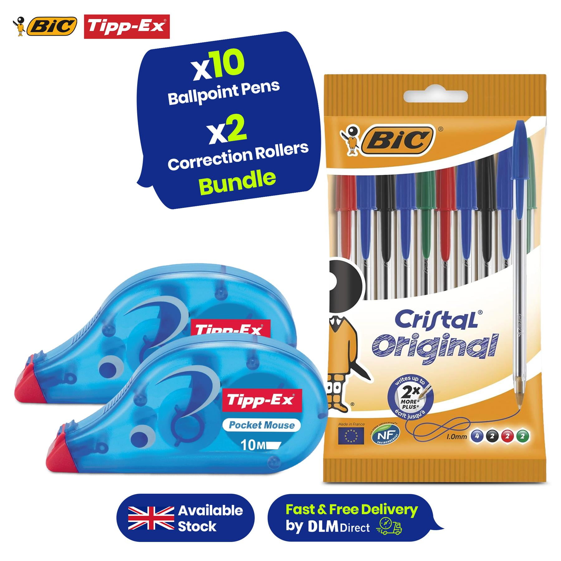 Pack of 10 BIC Cristal Original Ballpoint Pens & Pack of 2 Tipp-Ex ...