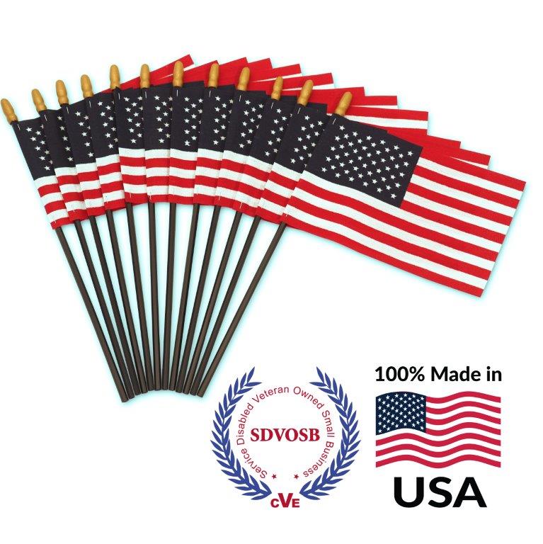 Pack of 12 Cotton Blend American Flags, Plastic Stick and Spear tip 4in ...