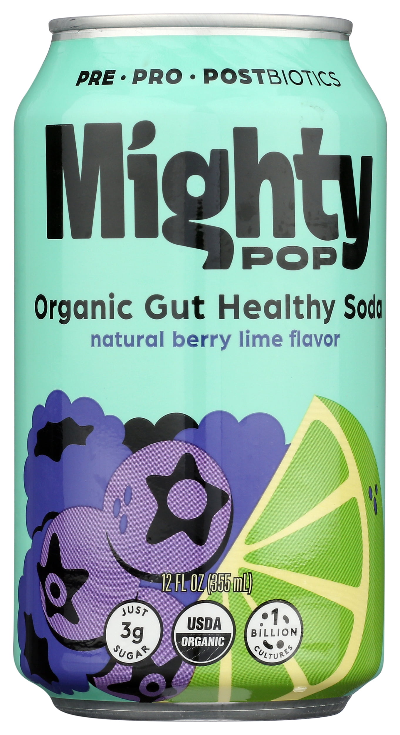 Pack of 12, Mighty Pop Natural Berry Lime Organic Gut Healthy Soda, 12 ...