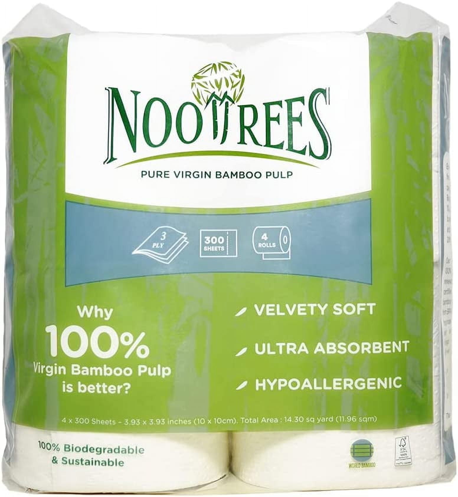 Pack of 12, Nootrees Pure Virgin Bamboo Pulp 3-Ply Toilet Paper, 4 x ...