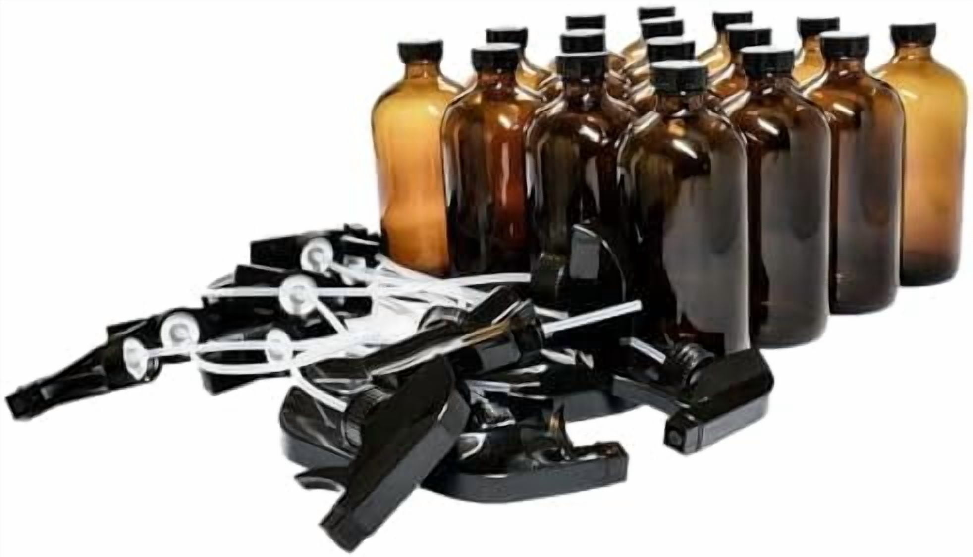 (Pack of 16) 16 oz. Amber Boston Round with Black Poly Cone Cap and 16 ...