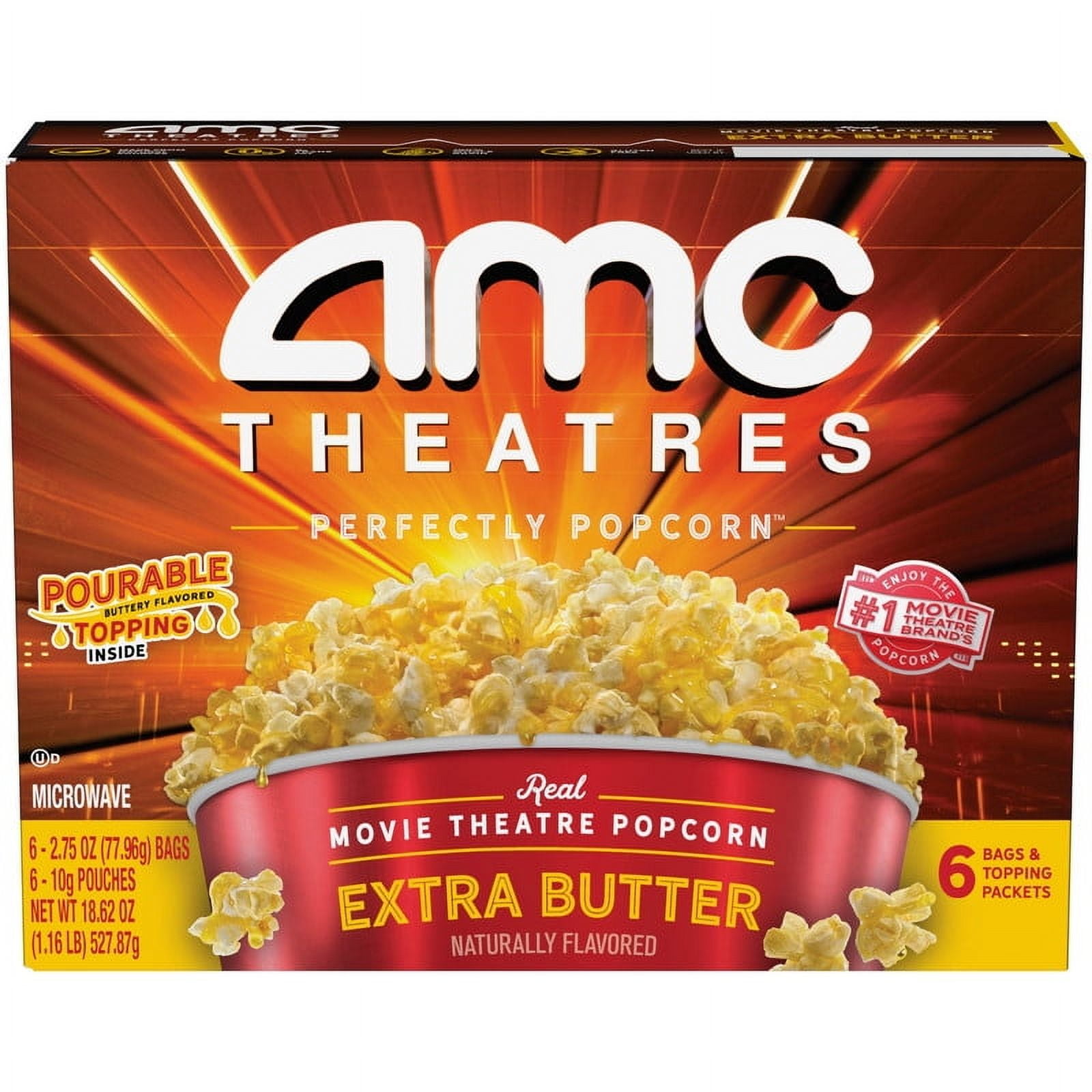 AMC Theatres Microwave Popcorn, Extra Butter, 12 Bags with Buttery ...