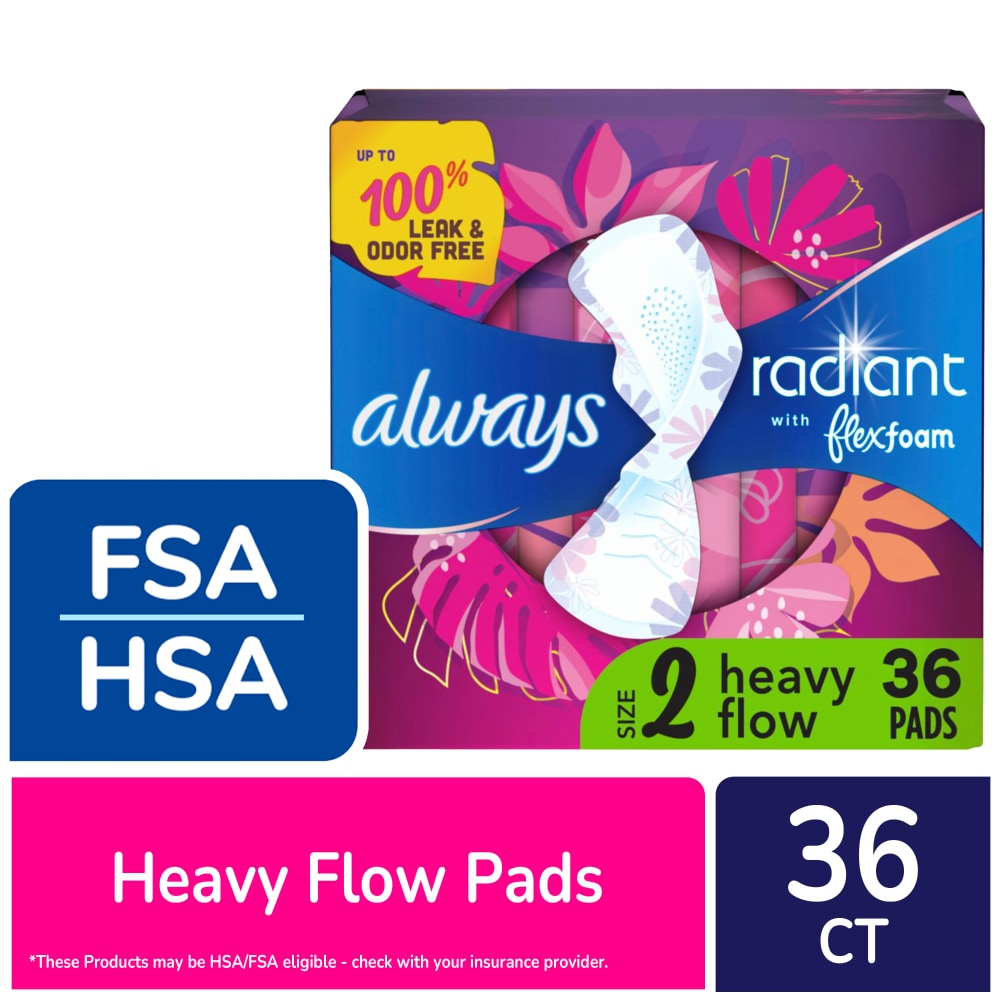 Pack of 2 Always Radiant FlexFoam Pads with Wings Heavy Flow Absorbency ...