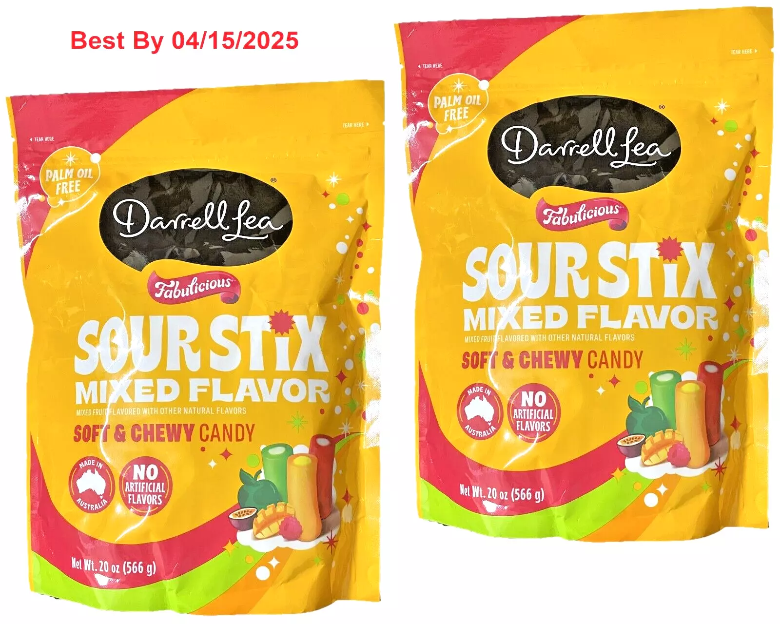 [Pack of 2] Darrell Lea Fabulicious Sour Stix Mixed Flavor Soft & Chewy Candy, No Artificial ...