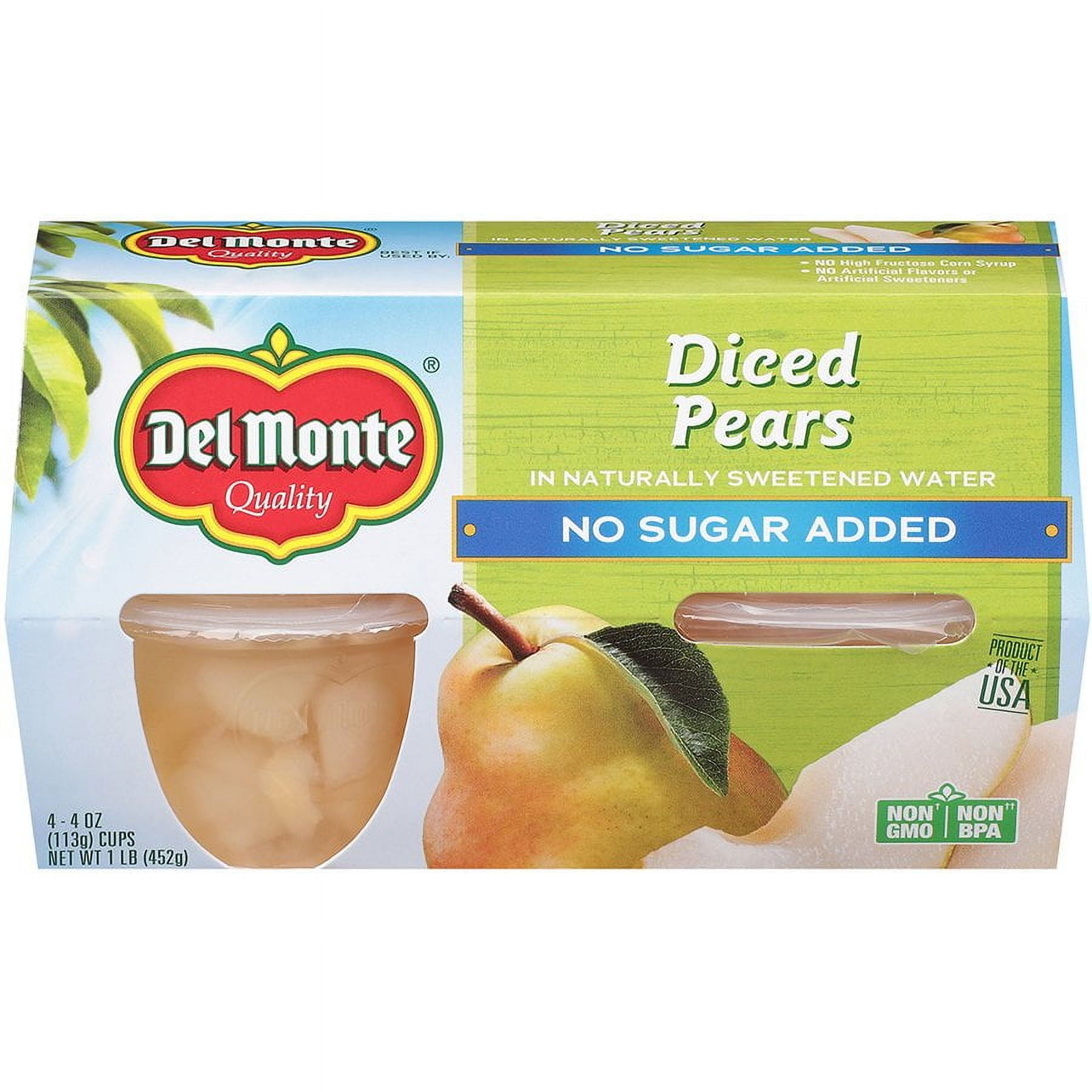 Pack of 2 Del Monte No Sugar Added Diced Pears In Water, 4 ct (Package ...
