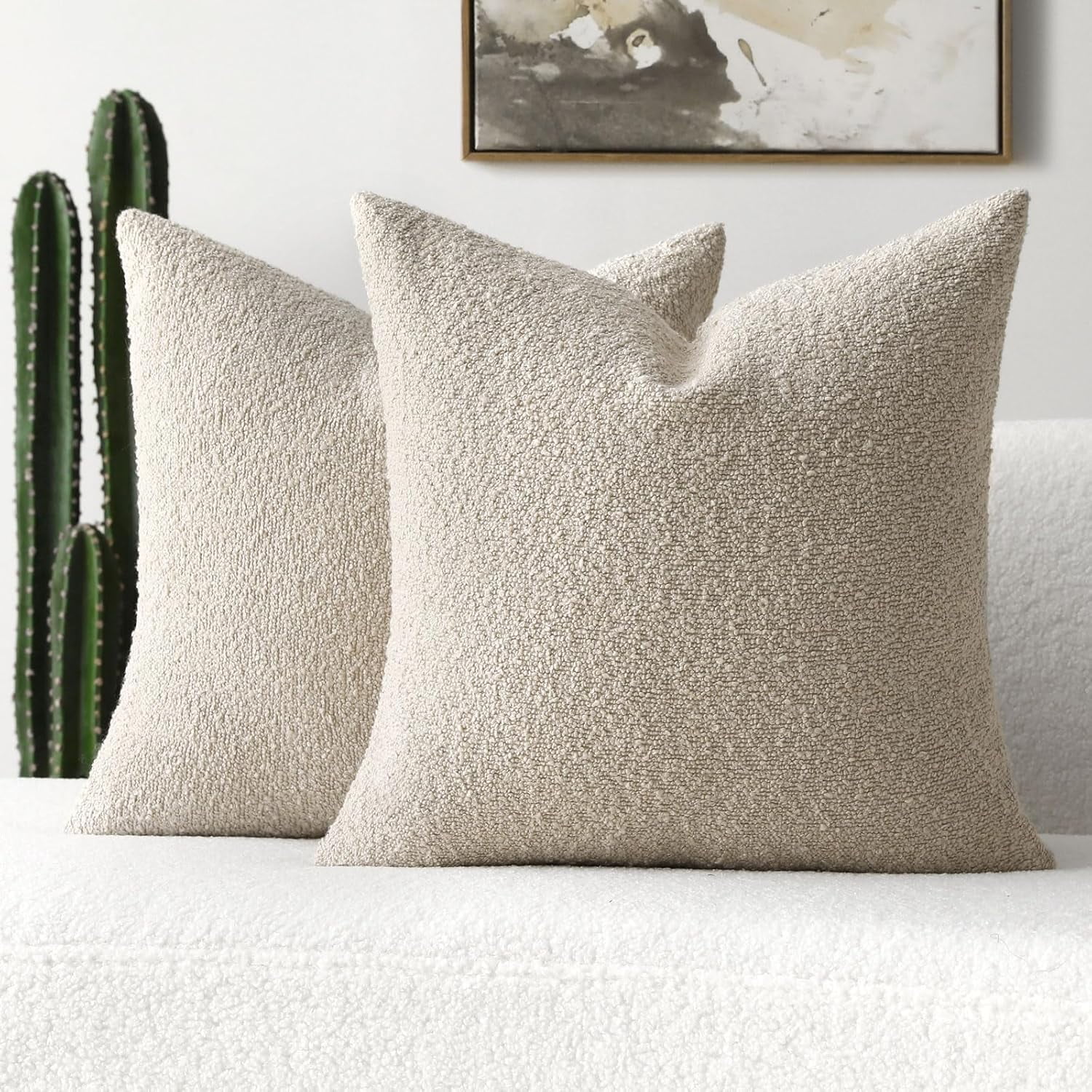 Pack of 2 Oatmeal Decorative Throw Pillow Covers 22x22 Inch Soft Cozy Solid Boucle Textured ...