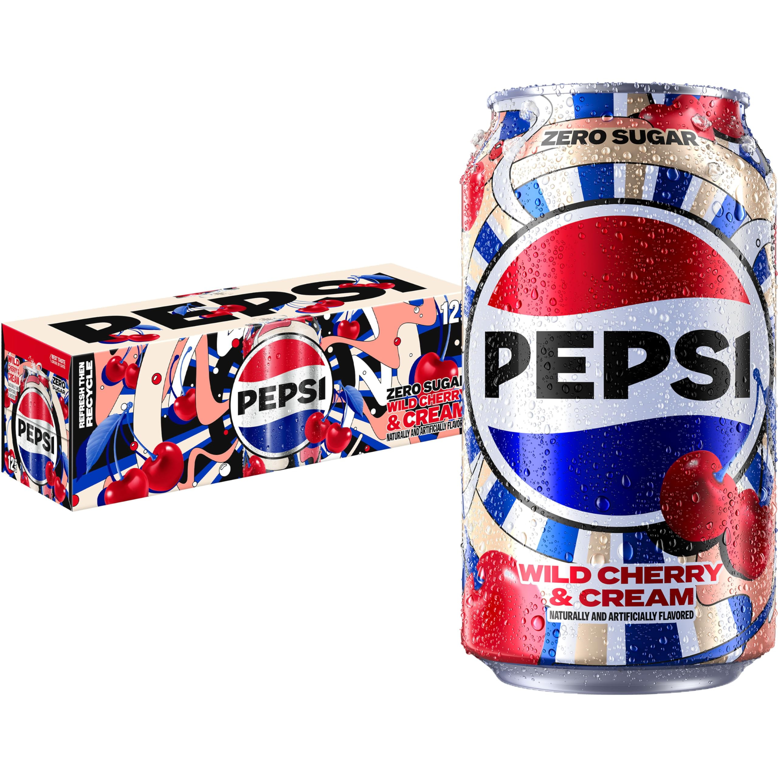 Pack of 2 - Pepsi Zero Sugar Cola Soda Pop, Wild Cherry & Cream, 12 Fl ...