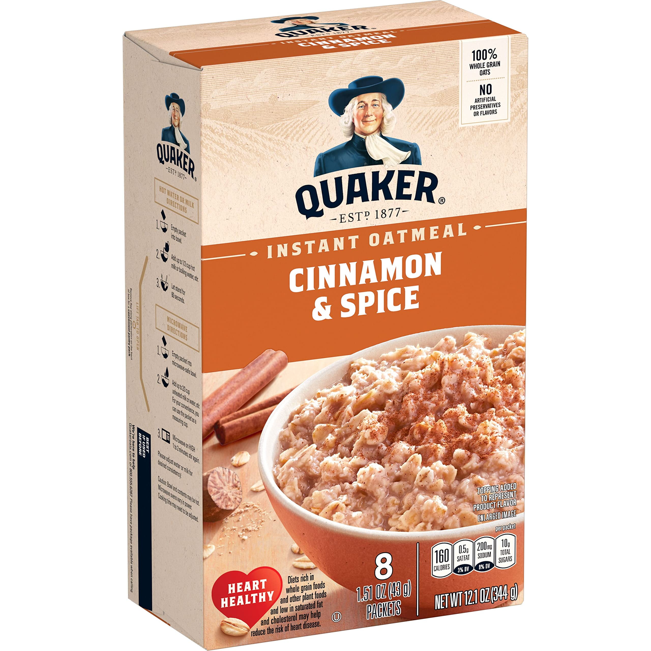 Quaker Instant Oatmeal, Cinnamon and Spice, 1.51oz Packets, Pack of 8 ...
