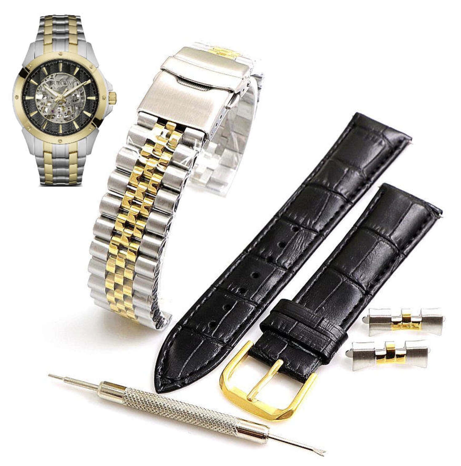 Pack of 2 Steel Bracelet & Leather Replacement Watch Band Bulova 98A146 ...