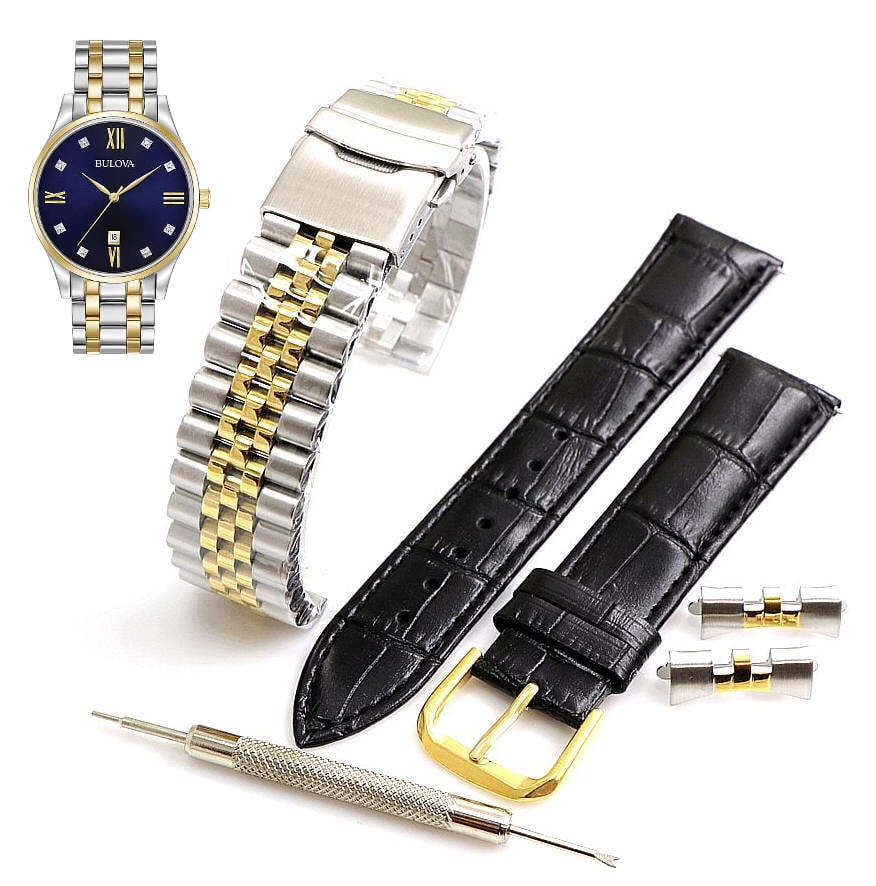 Pack of 2 Steel Bracelet & Leather Replacement Watch Band Bulova 98D130 ...