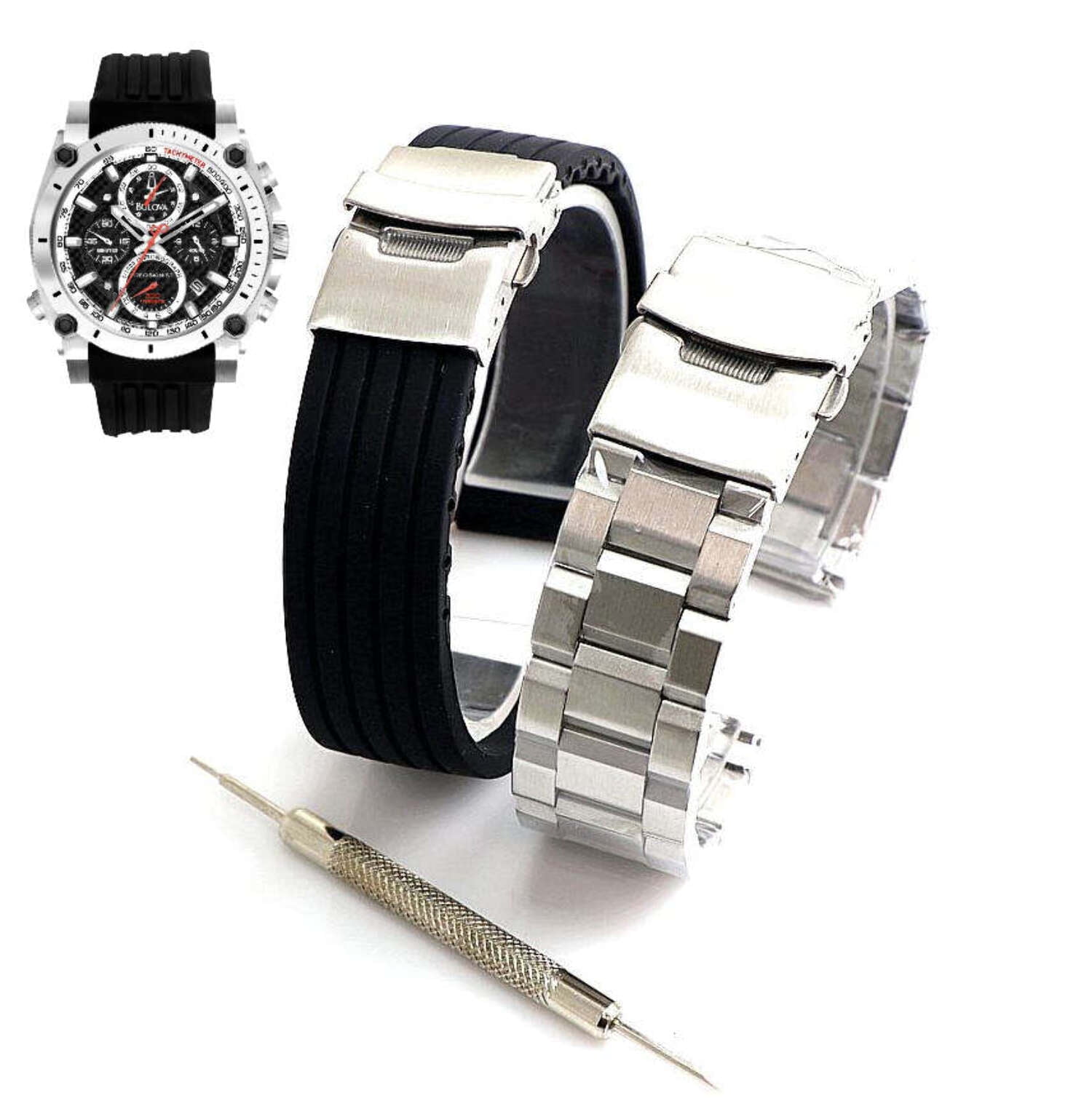 Pack of 2 Steel Bracelet & Silicone Replacement Watch Band Bulova ...