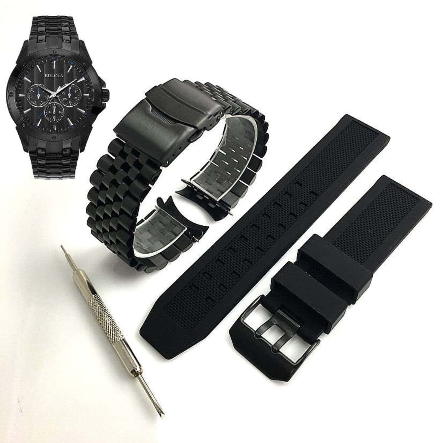 Pack of 2 Steel & Silicone Black Replacement Watch Band Bulova 98C121 ...
