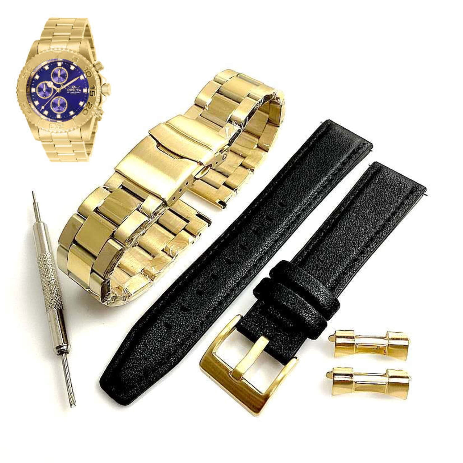 Pack of 2 Steel and Leather Gold Replacement Watch Band Invicta Pro ...