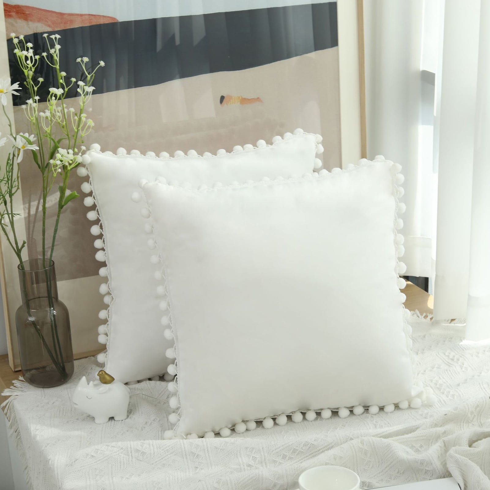 Pack of 2 Velvet Decorative Throw Pillow Covers Soft Solid Square Pom Poms Cushion Cases for ...