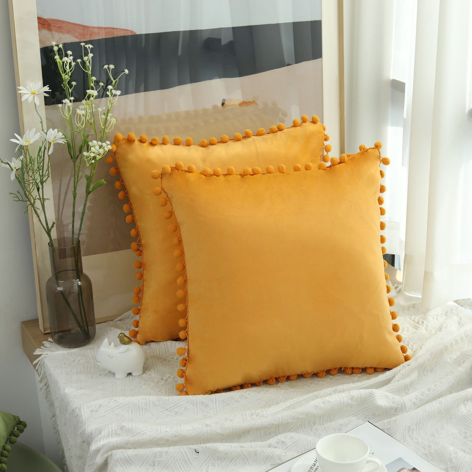 Pack of 2 Velvet Decorative Throw Pillow Covers Soft Solid Square Pom Poms Cushion Cases for ...
