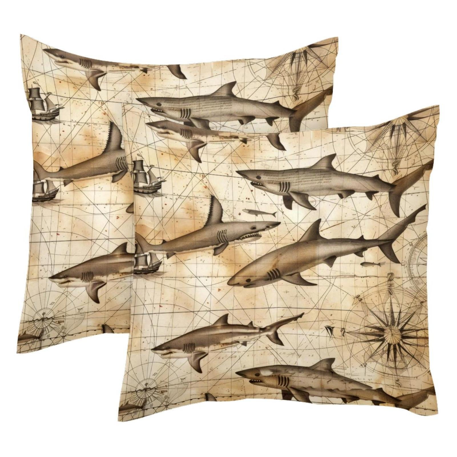 Pack of 2 Vintage Map Sharks Patterns Throw Pillow Covers 20x20 Inch ...