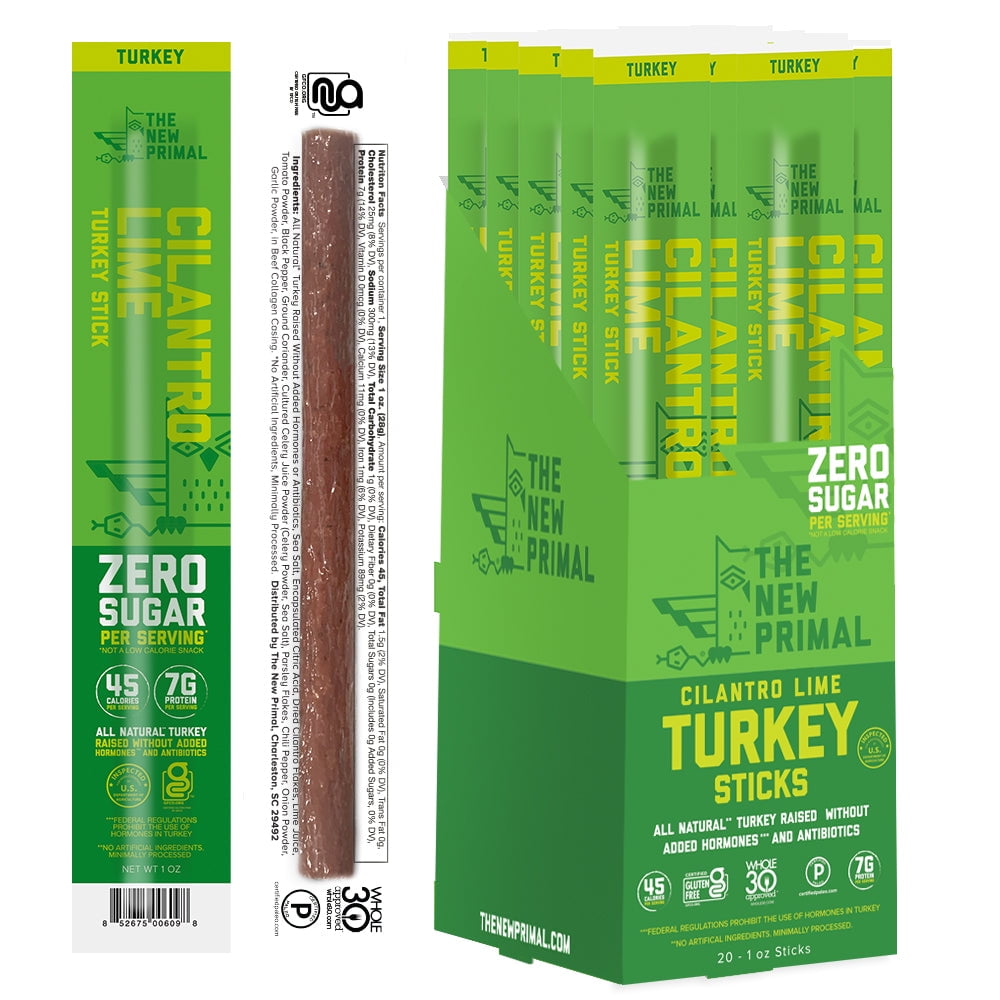 Pack of 20, The New Primal Cilantro Lime Turkey Meat Sticks, 1 oz ...