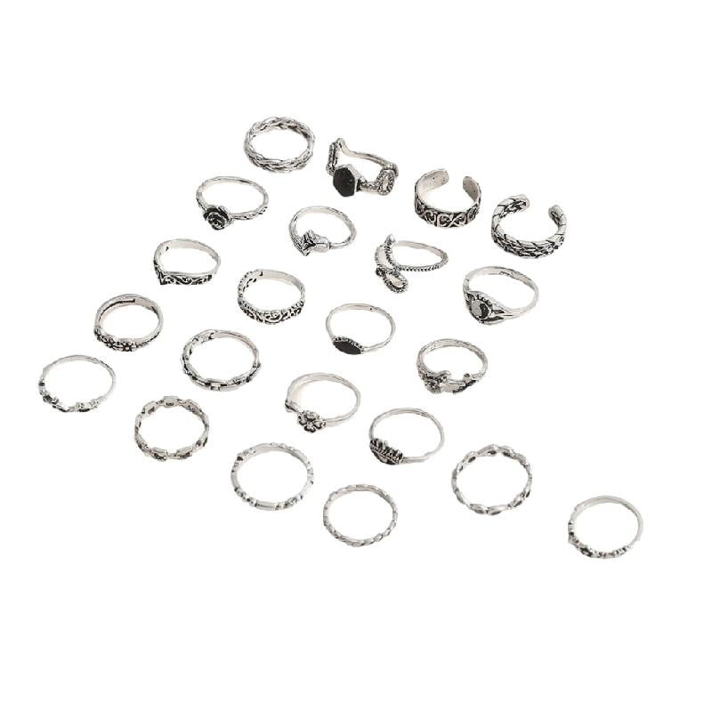 Pack of 22 Retro Designs Rings Featuring Embossed Flowers and Snake Yin-yang Styles for Trendy ...