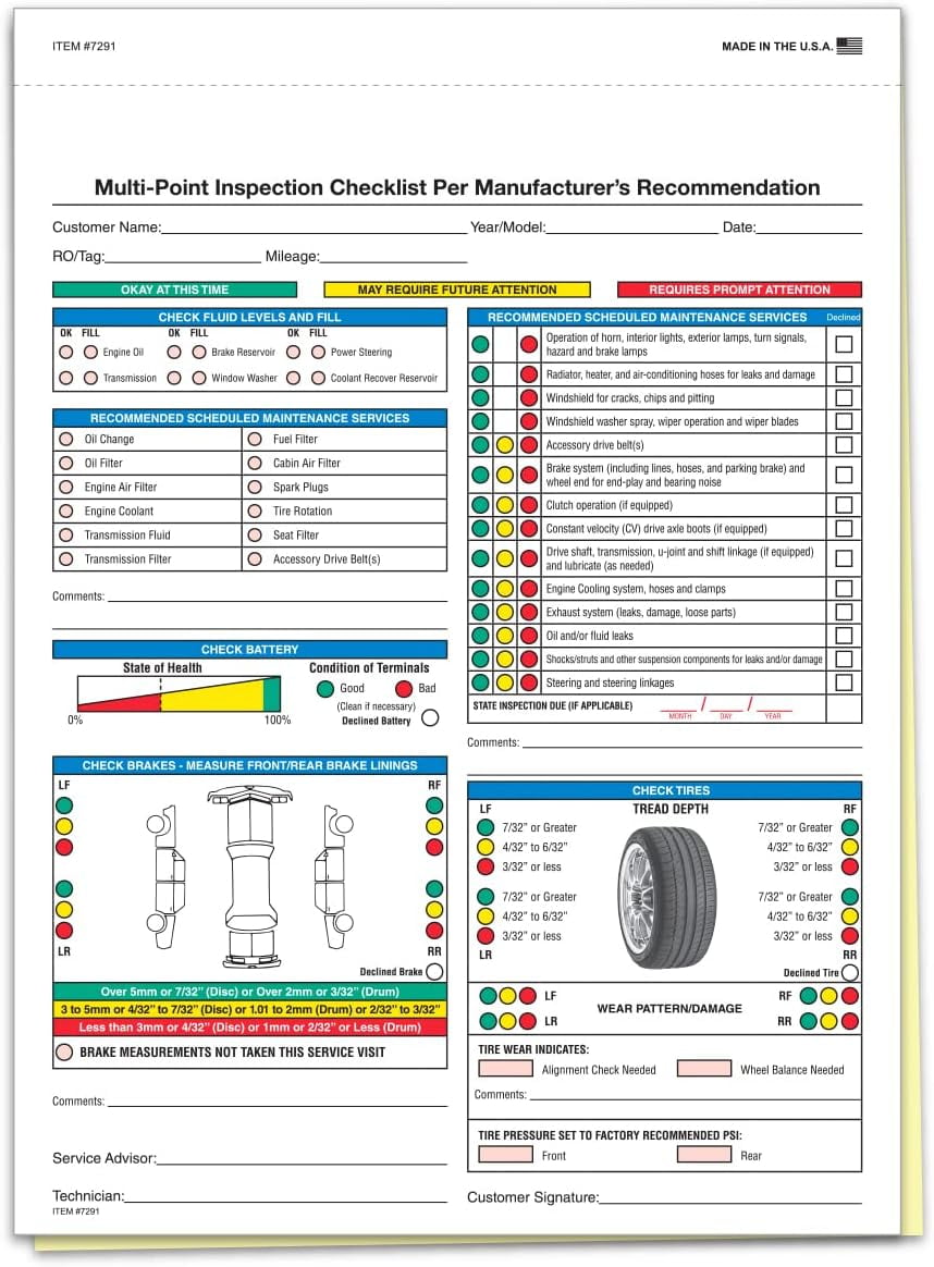 Pack of 250 Sheets GENERIC/Standard Multi Point Inspection Form 2 Part ...