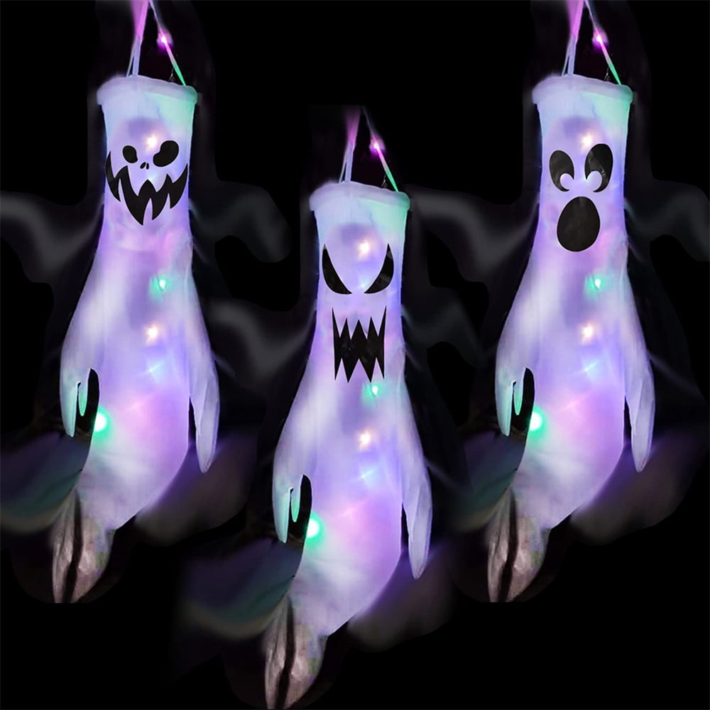 Pack of 3 Halloween Ghost Windsock Hanging Decorations with LED Lights ...