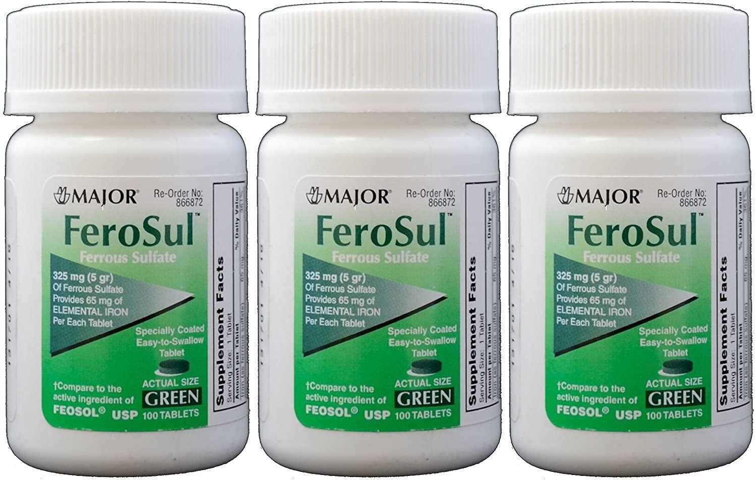 Major Ferosul 325mg Ferric Iron Sulfate Supplement, Green Tablets, Pack ...