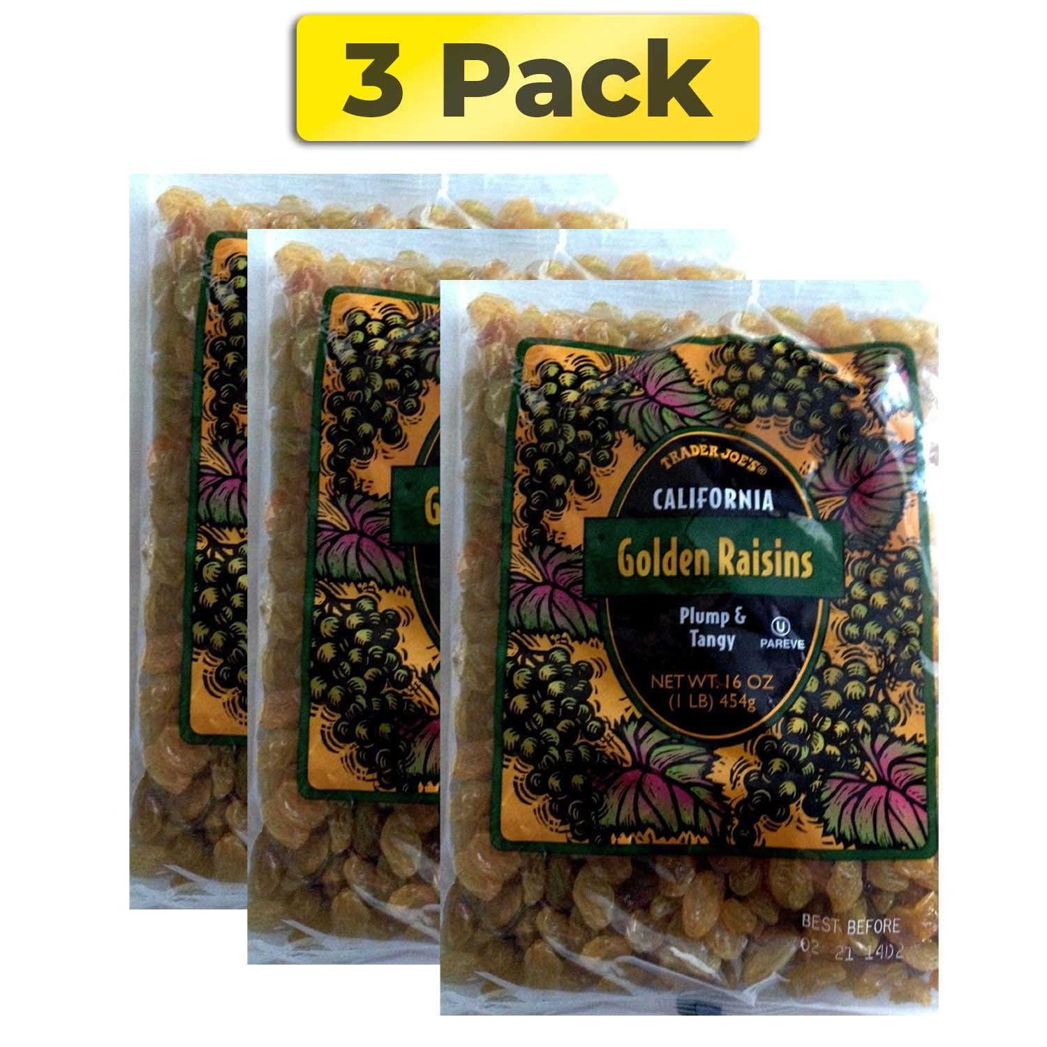 Pack of 3 Trader Joe's California Golden Raisins, Plump & Tangy | 16 oz ...