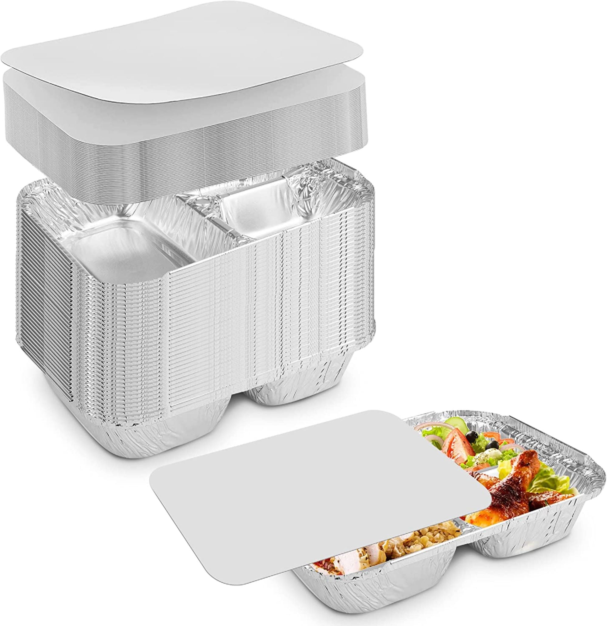 30 Aluminum Foil 3-compartment Disposable Trays with Lids, 8 1/2 x 6-3/ ...