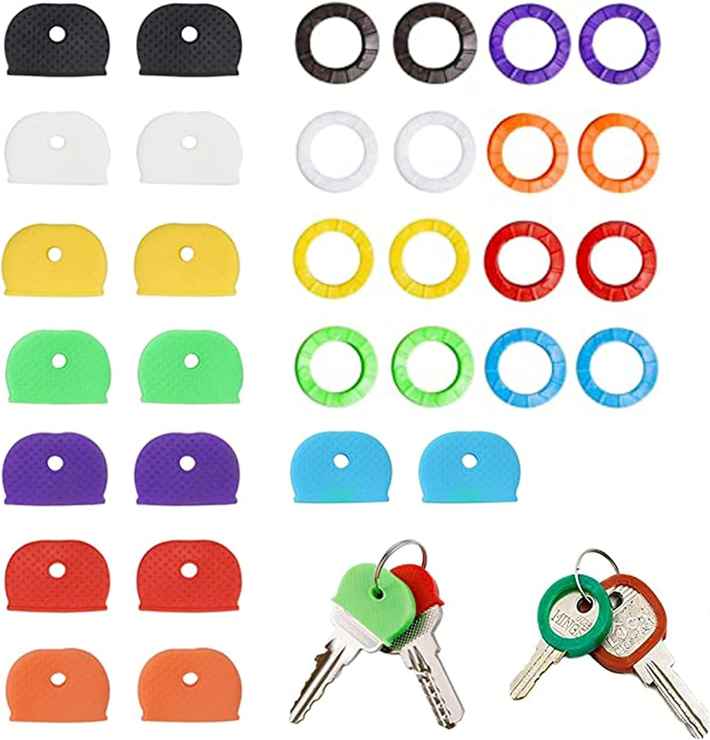 Pack of 32 Key Cap Key Identification Rings Coloured Key Caps Rubber ...