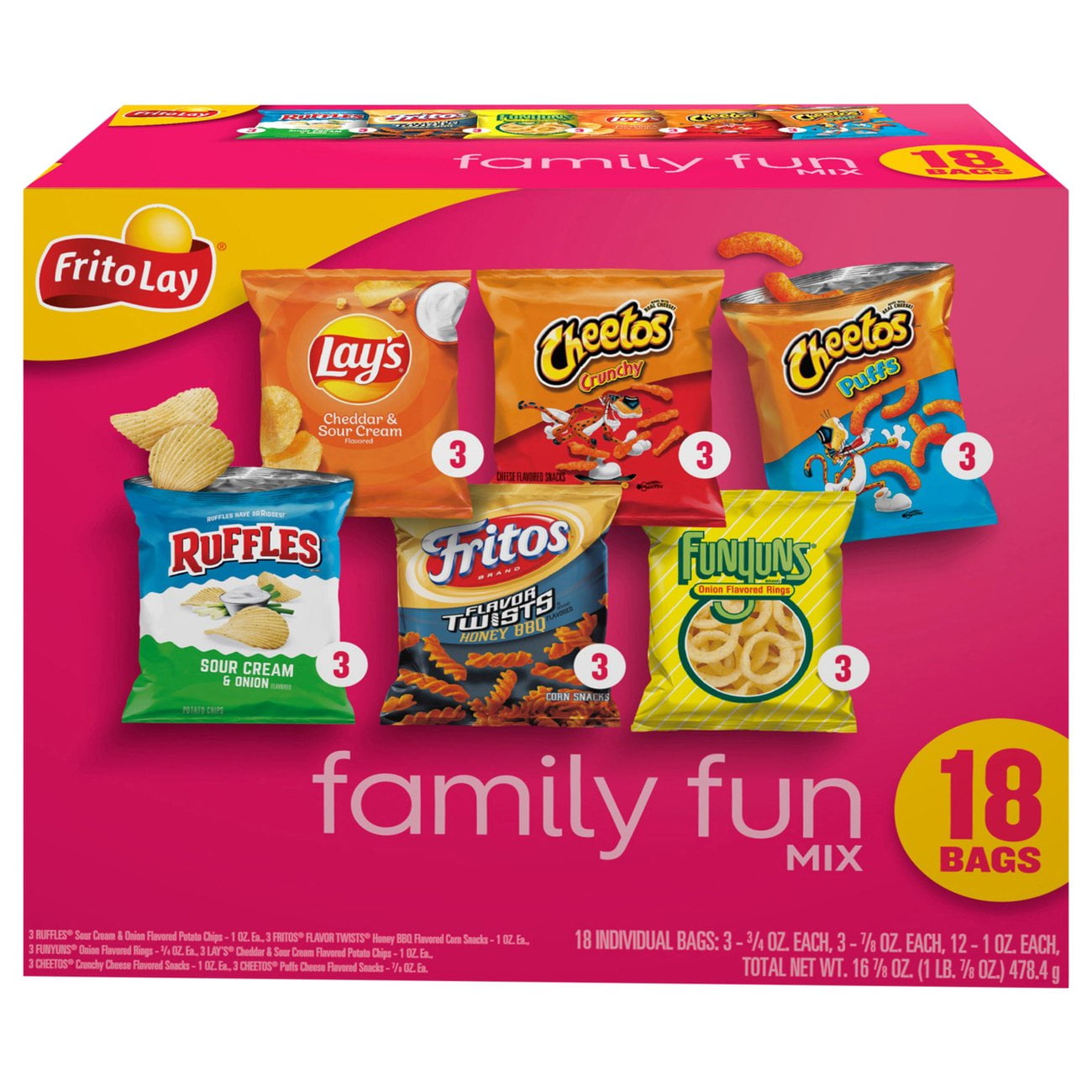 Pack of 4 Frito Lay Family Fun Mix Variety Pack Chips - 18 ct - Package ...