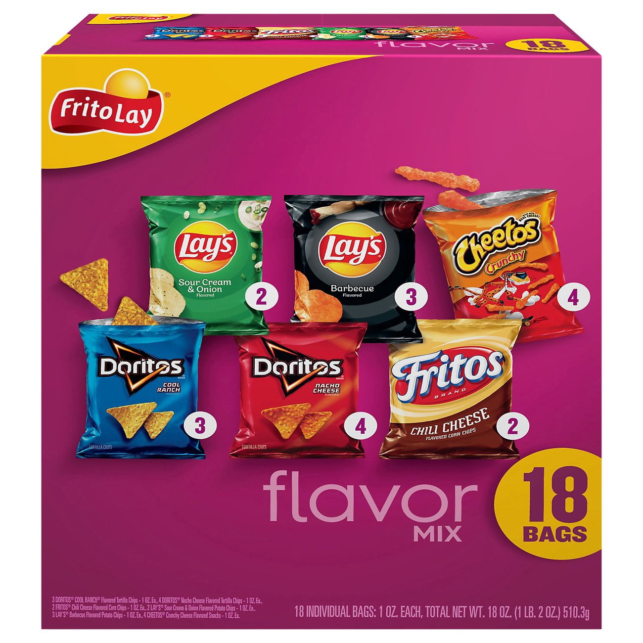 Pack of 4 Frito Lay Flavor Mix Variety Pack Chips - 18 ct - Package may ...