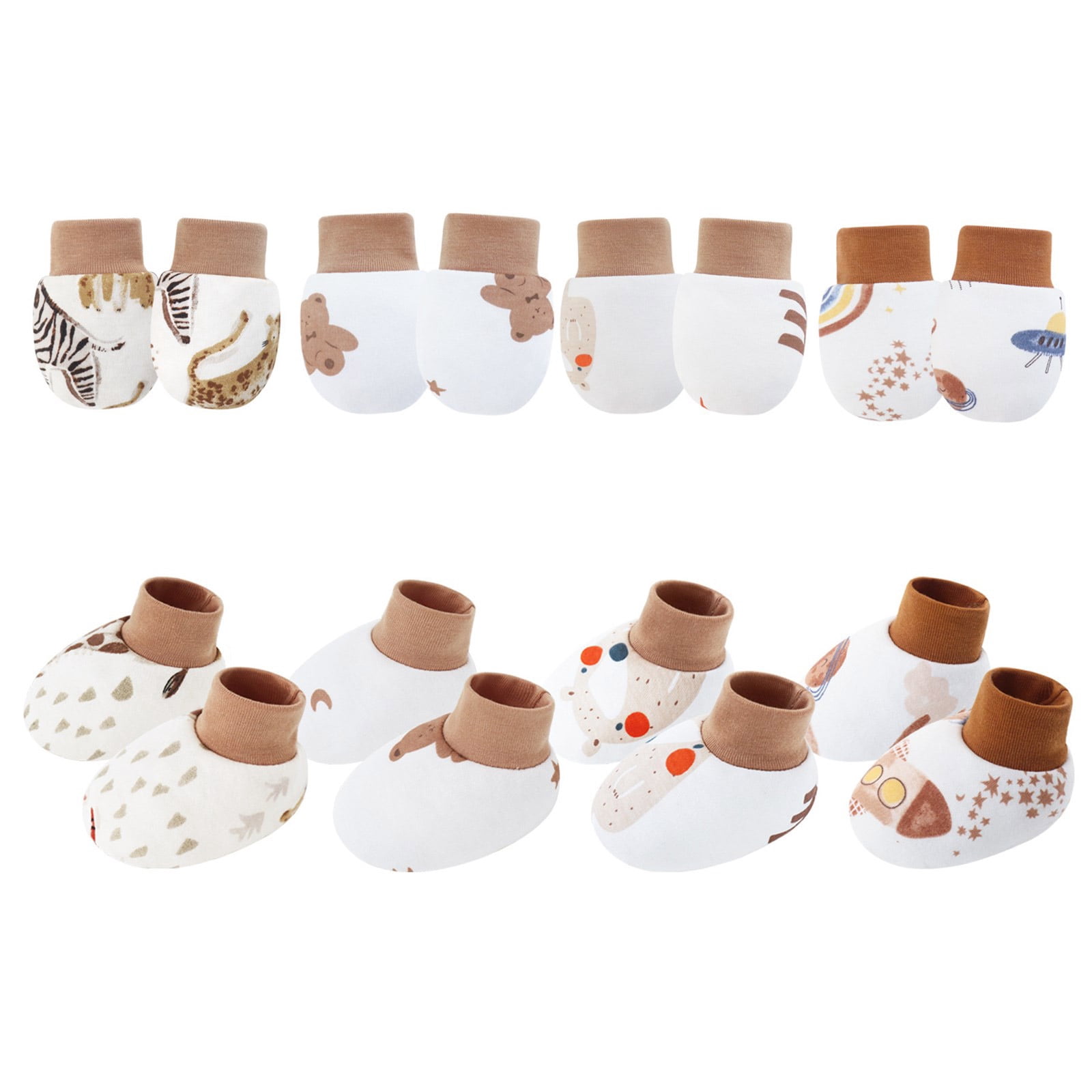Pack of 4 Set Cotton Newborns Gloves & Matching Socks for Neutral ...