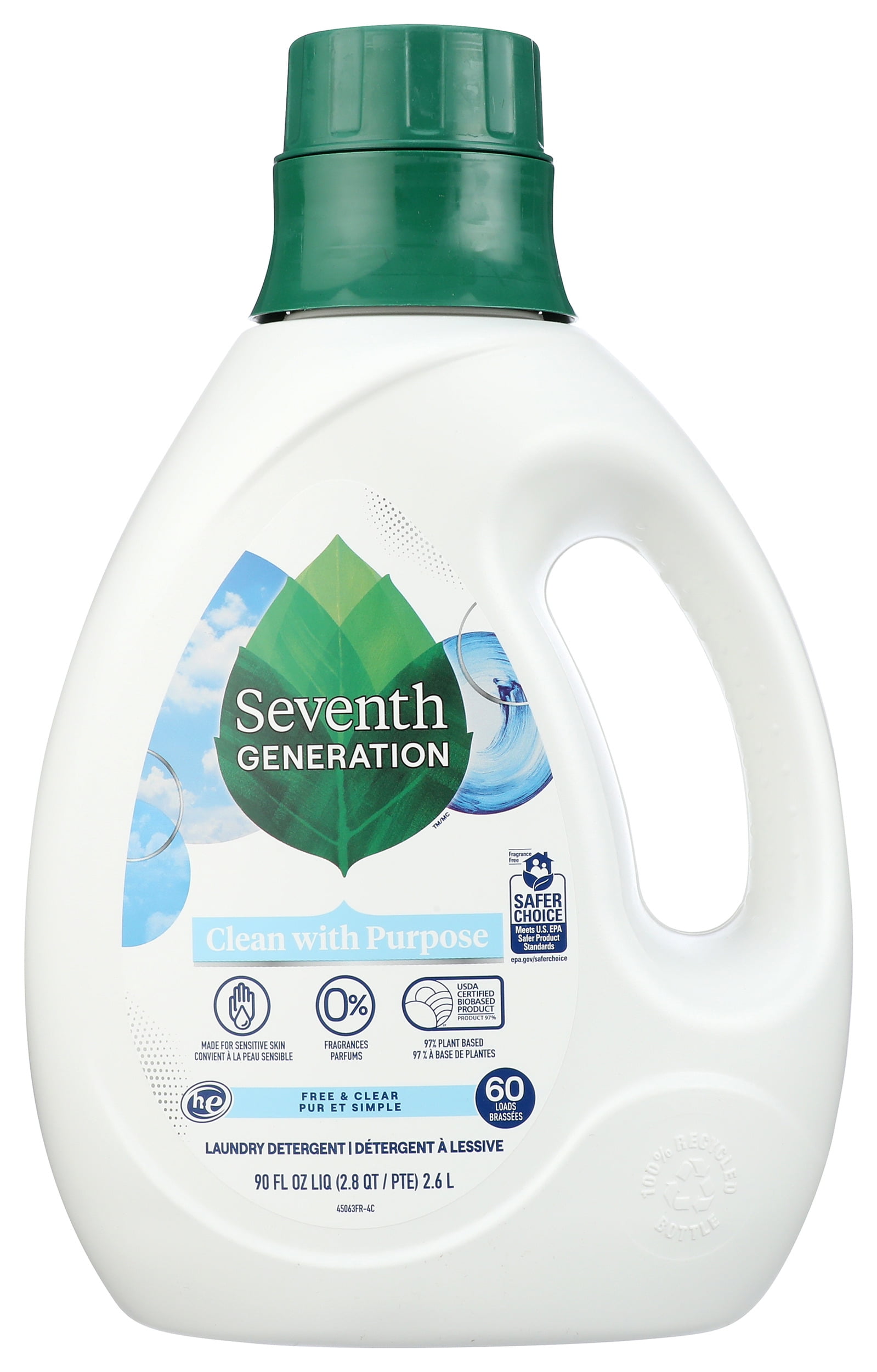Pack of 4, Seventh Generation Free & Clear Liquid Laundry Detergent, 90 ...