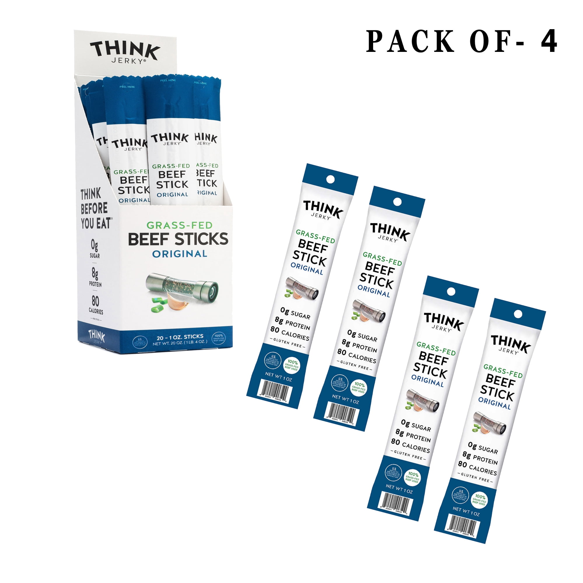 Pack of 4 Think Jerky Grass Fed Beef Sticks Original | 1 oz per pack ...