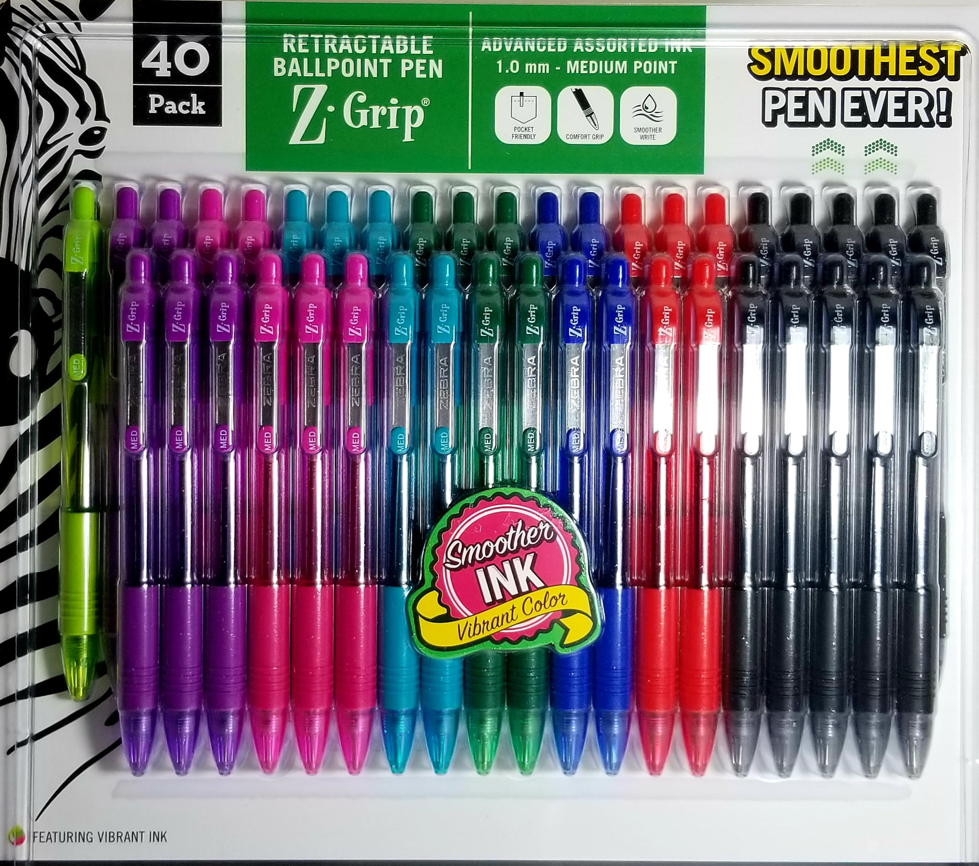 Pack of 40 Medium Multi Color pens. Zebra Pens. Retractable Ballpoint ...