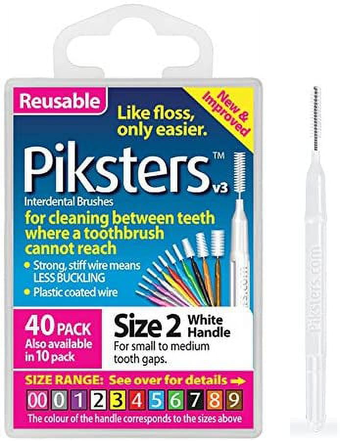 Piksters Pack of 40 Interdental Brushes, Size 2, White Handle, Reusable ...