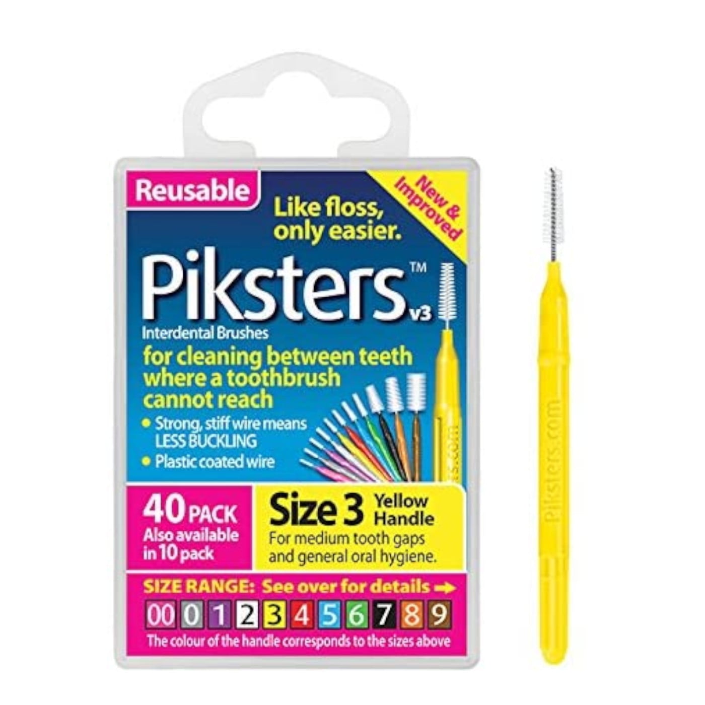 Piksters Pack of 40 Interdental Brushes Size 3, Yellow Handle, Gum ...