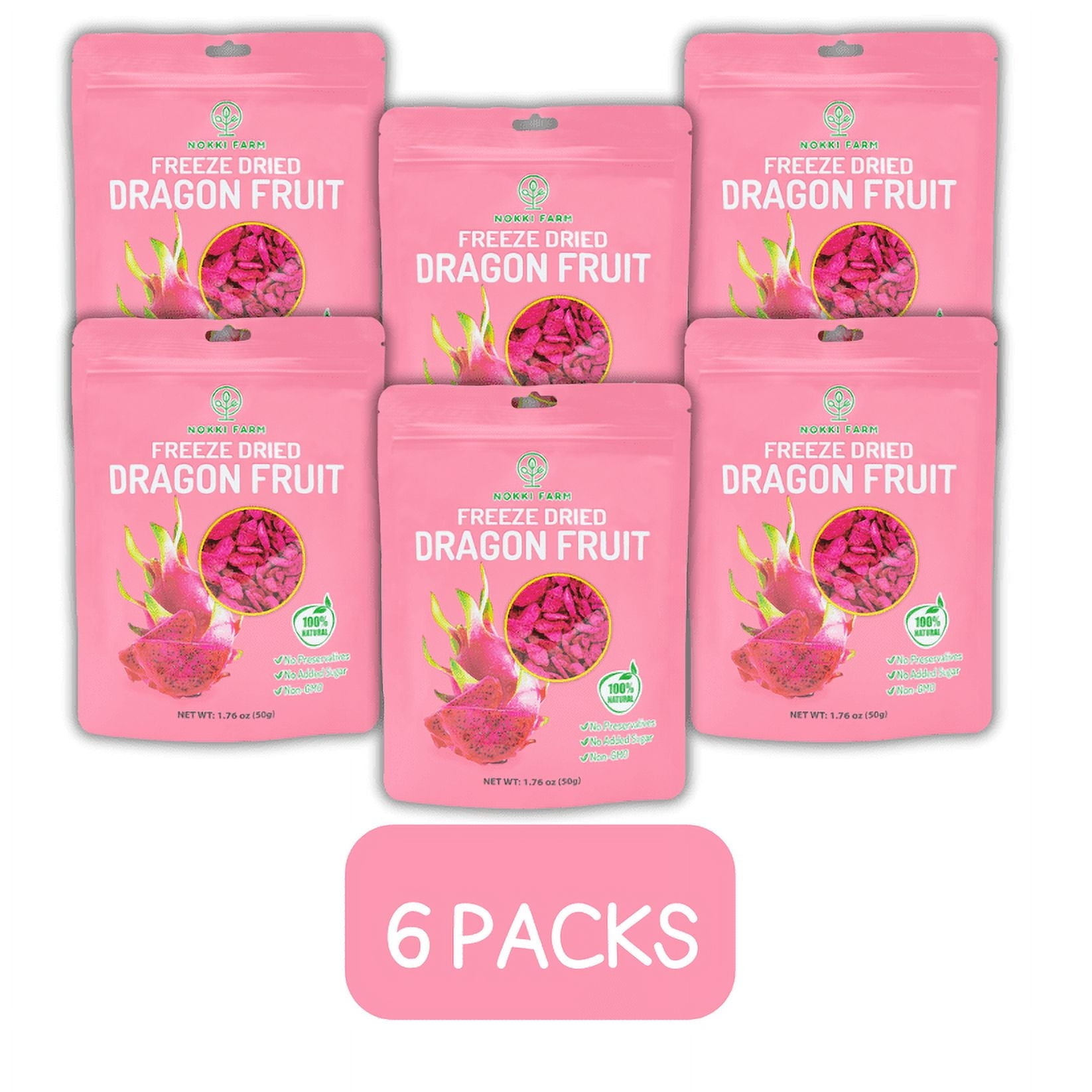 (Pack of 6) NOKKI FARM Freeze Dried Dragon Fruit | Crunchy | All Natural | No Preservatives | No ...
