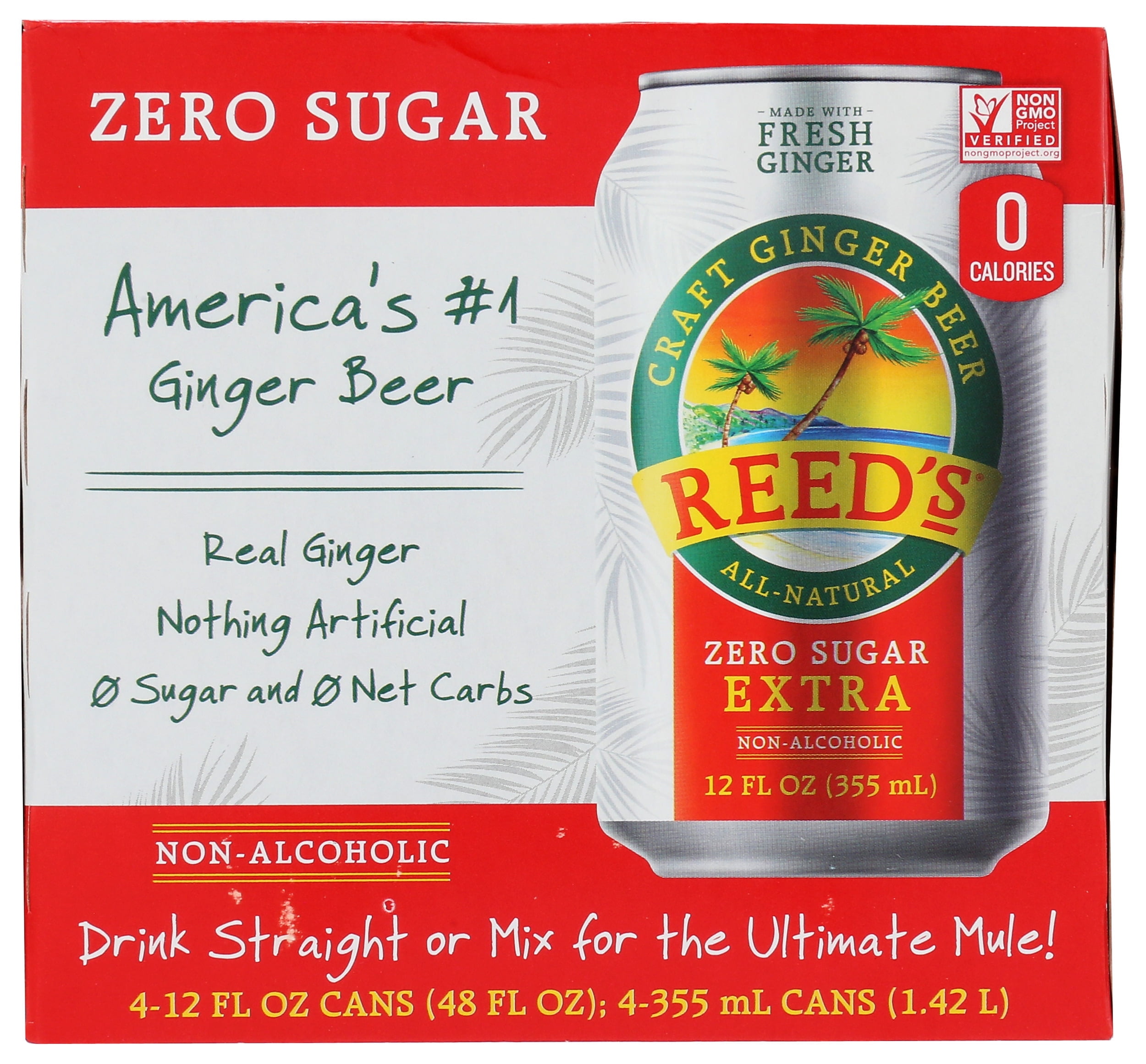 (Pack of 6), Reed's Zero Sugar Extra Ginger Beer, 4 pcs - 48 fl oz ...